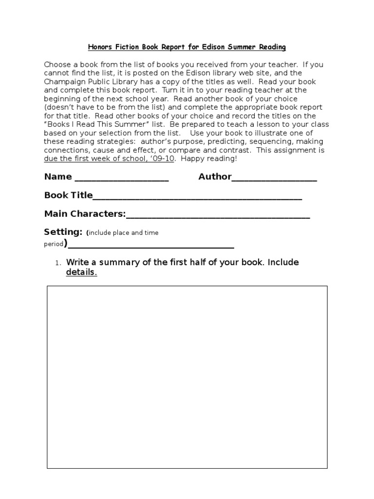 Honors Fiction Book Report For Edison Summer Reading | PDF | Language ...