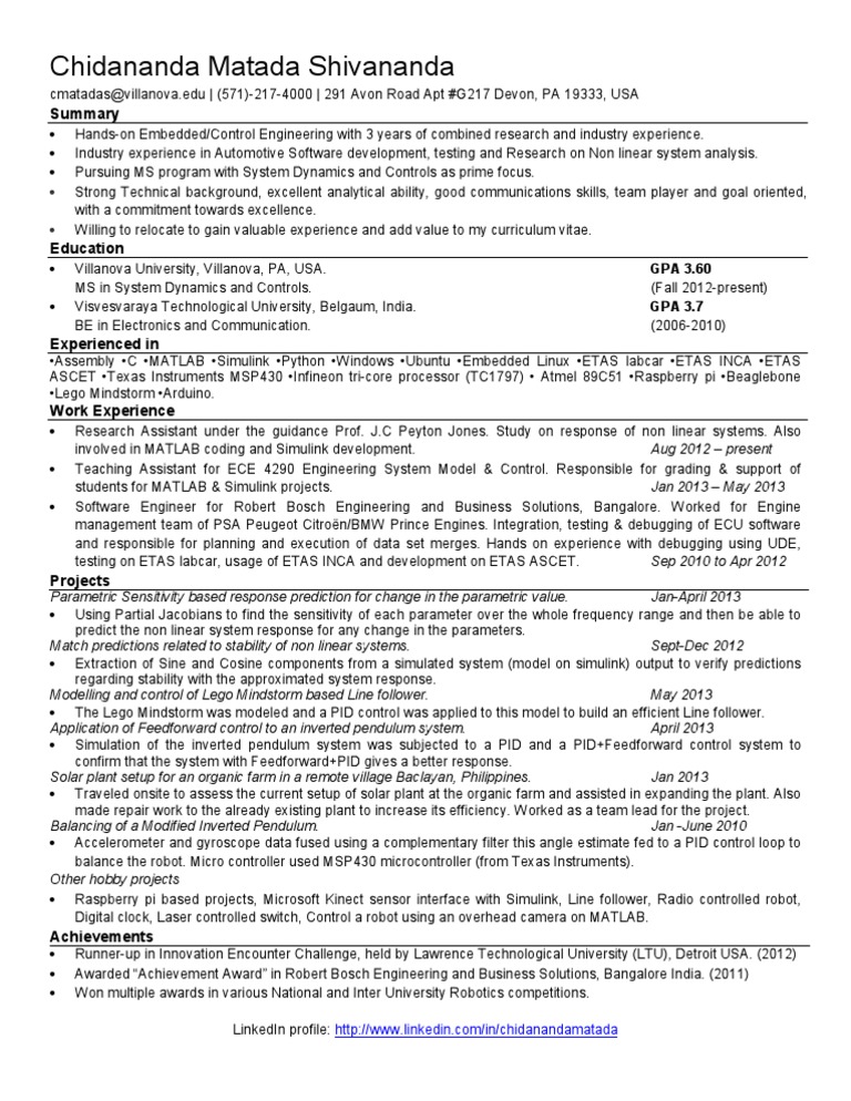 Resume | PDF | Matlab | Control System