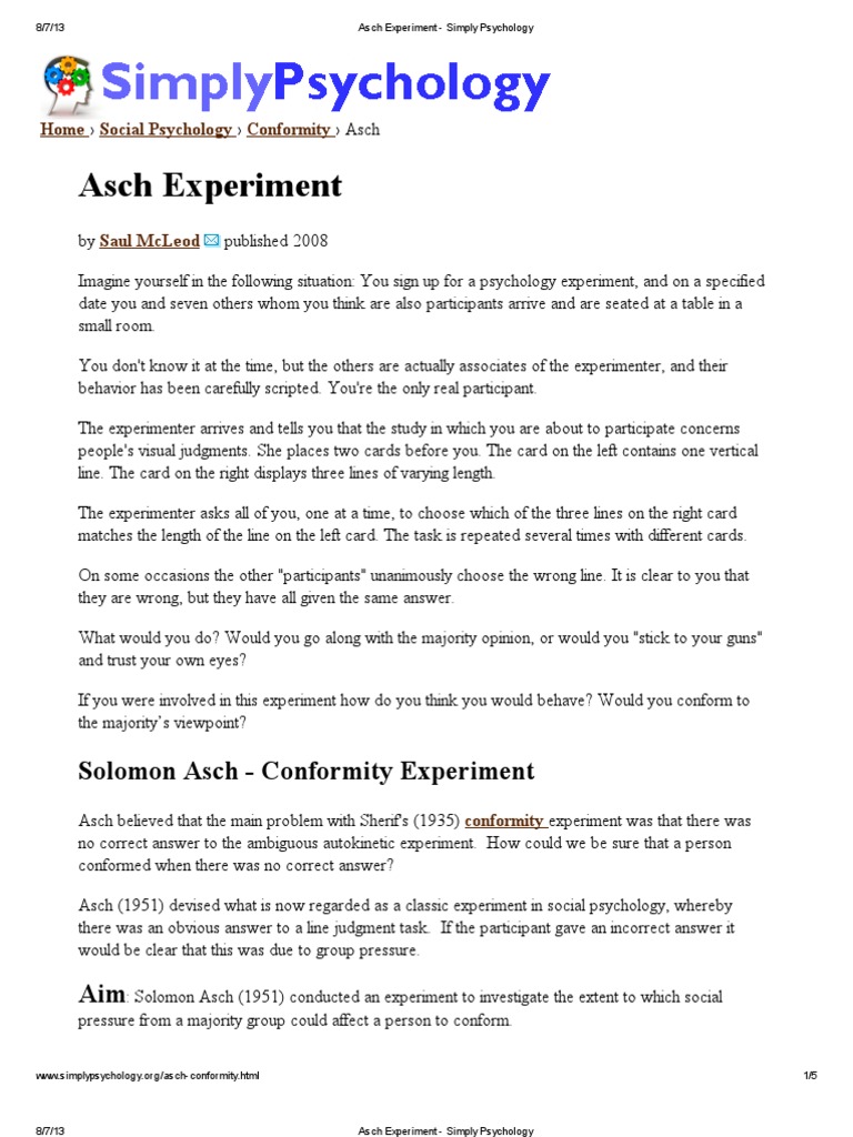 Asch Experiment Psy - Simply Psychology | PDF | Conformity | Group ...