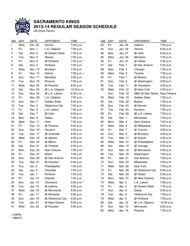 Sacramento Kings 2013-14 Schedule | PDF