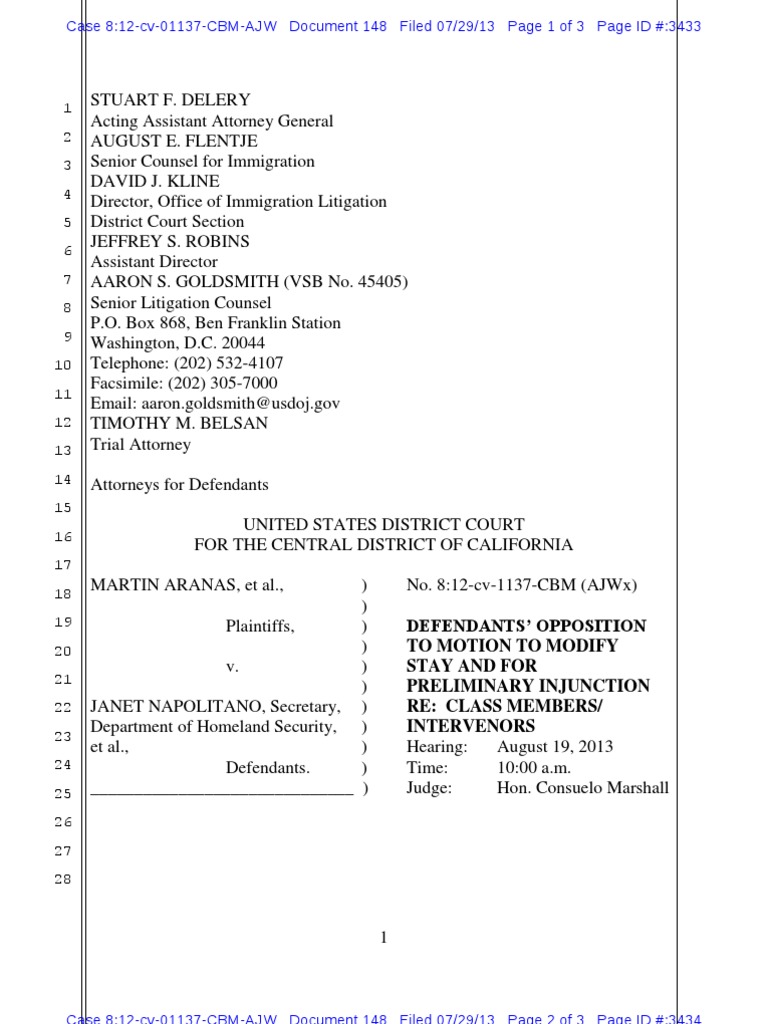 Defendants' Opposition To Motion To Modify Stay and For Preliminary Injunction Re: Class Members ...