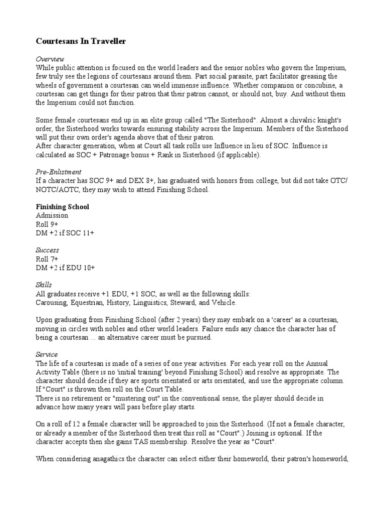 Courtesans in Traveller Gameplay Guide | PDF | Games & Activities ...