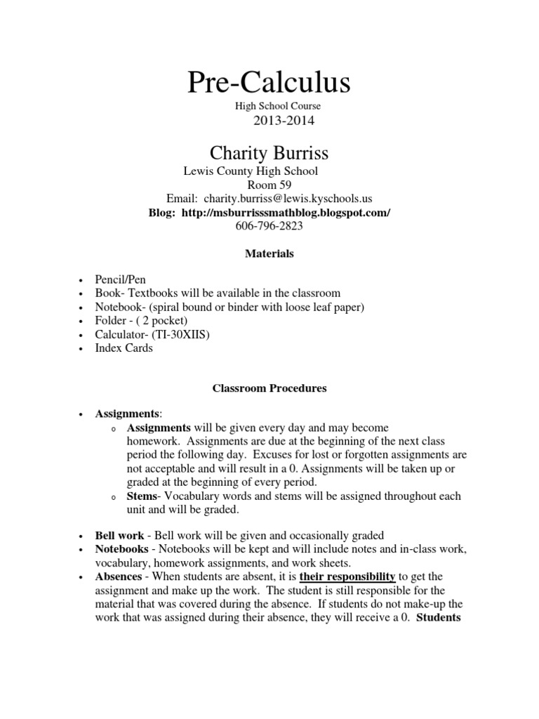PreCalculus Syllabus | PDF | Homework | Educational Assessment And ...