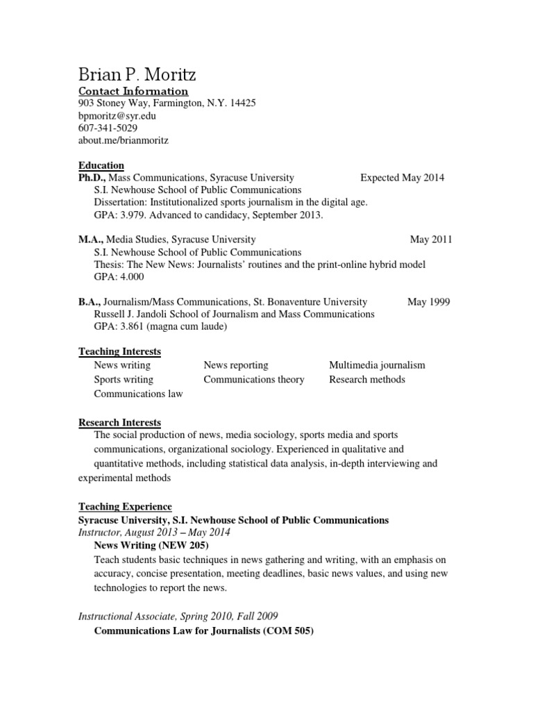 Brian Moritz CV | PDF | Journalism | Newspapers