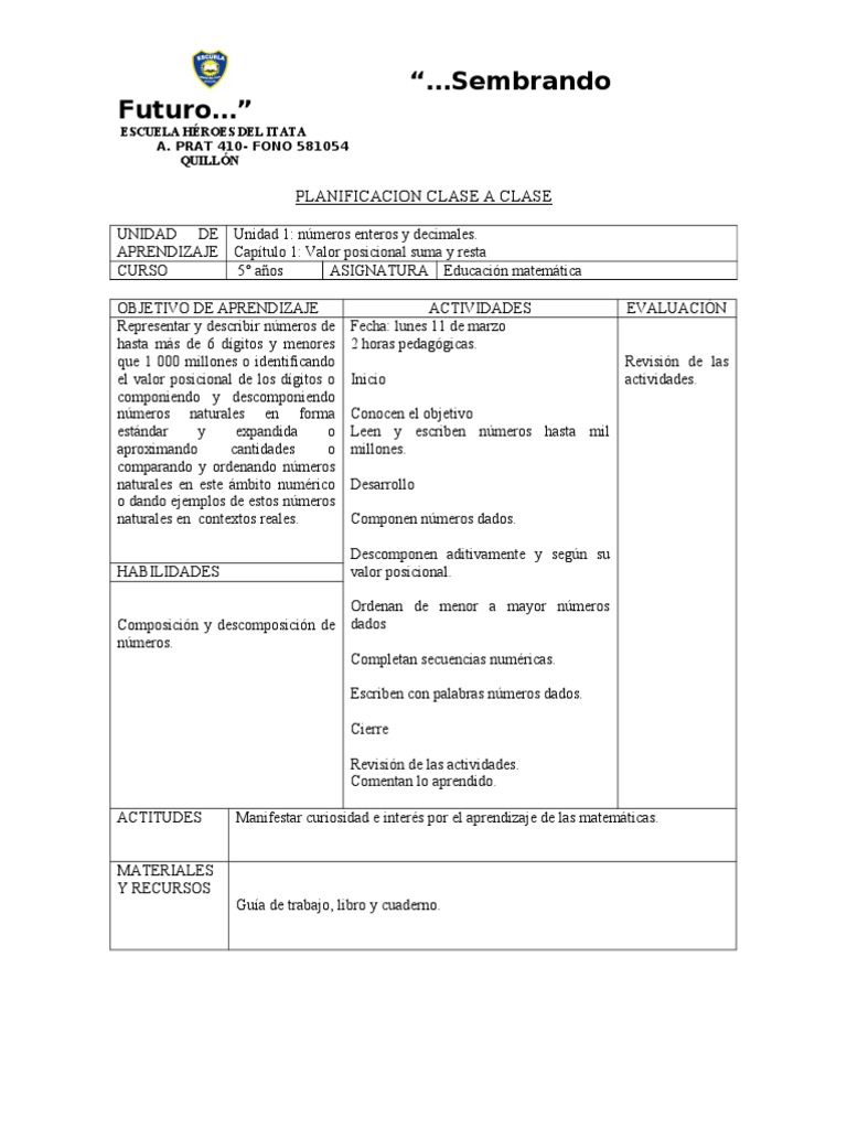 Planificación Matemática 5° Grado | PDF | División (Matemáticas ...