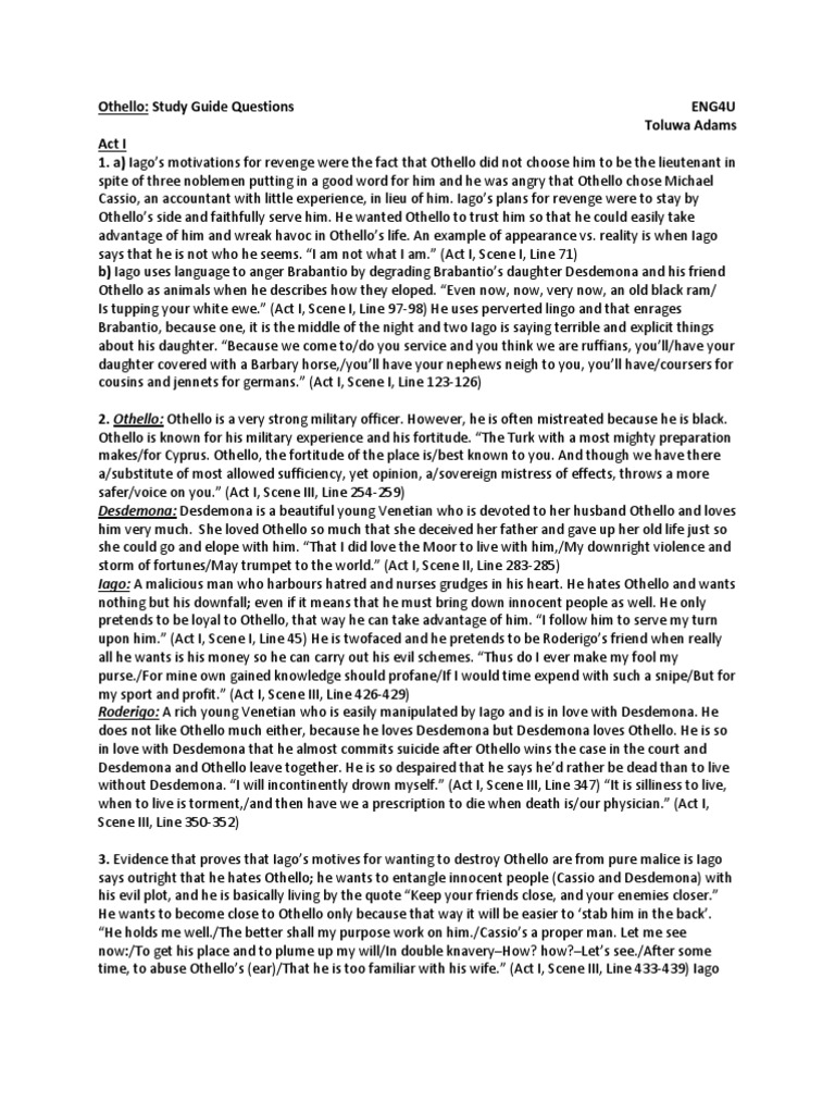 Othello Study Guide Questions | PDF | Iago | Desdemona