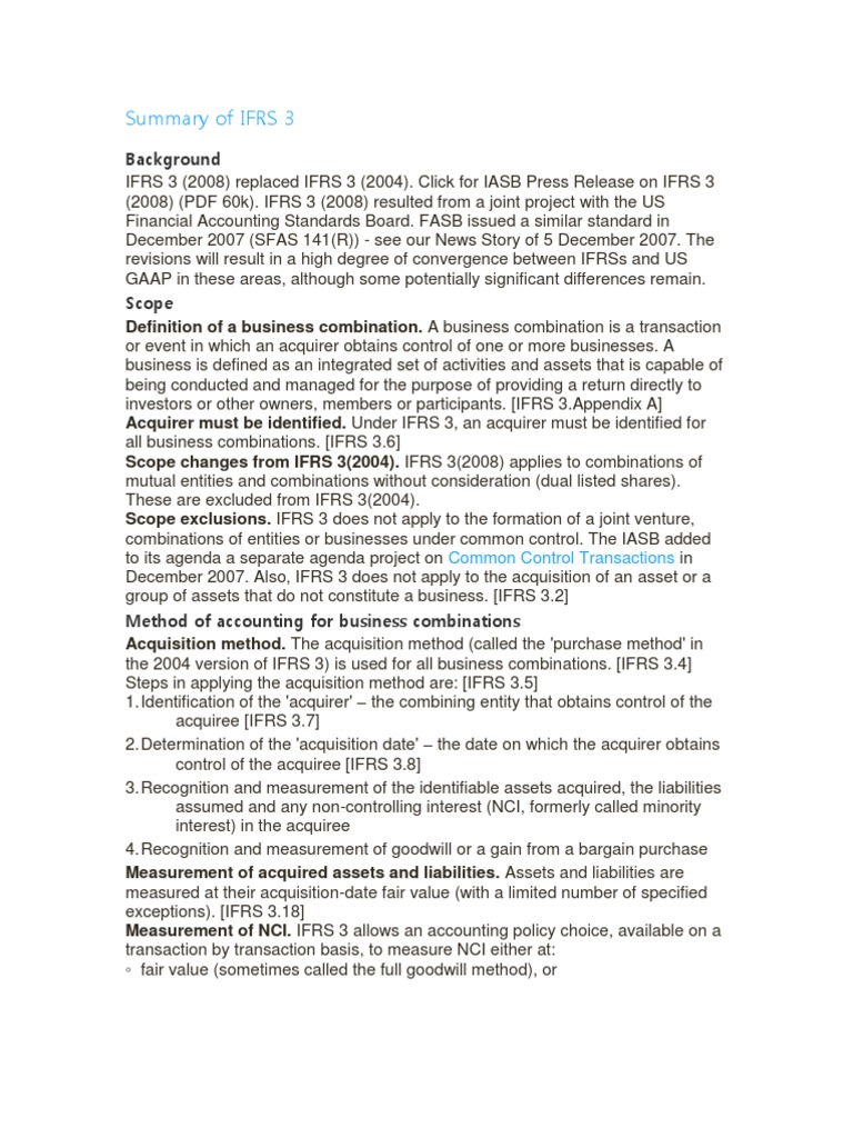 IFRS 3 Business Combinations Summary | PDF