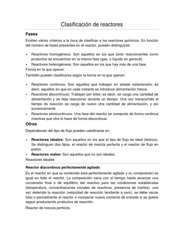 Clasificación de Reactores Químicos | PDF | Reactor Quimico | Química