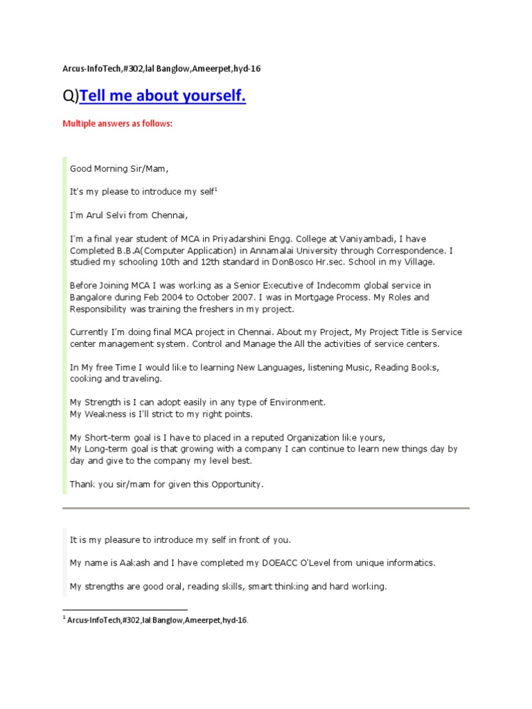 1.Tell Me About Yourself. | Secondary School | Hobbies