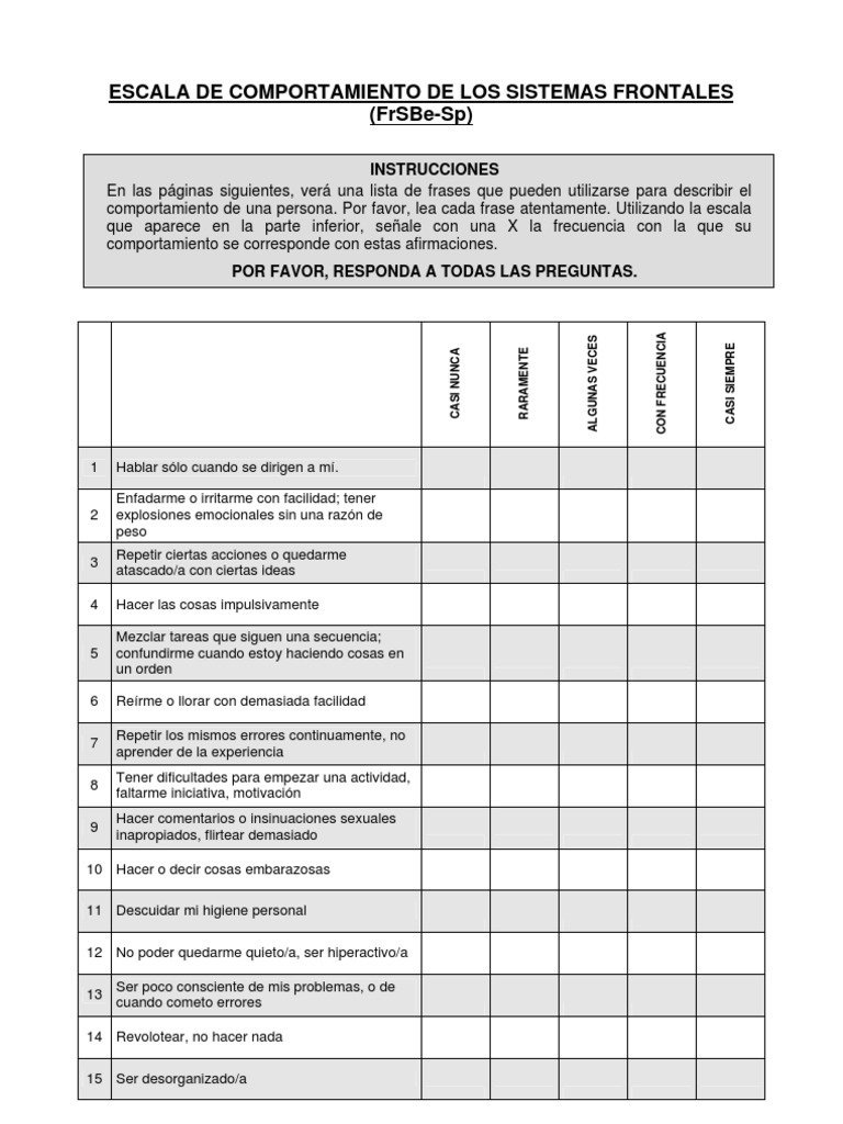 Escala Conductual de Sistemas Frontales (FRSBE) | PDF | Sicología ...