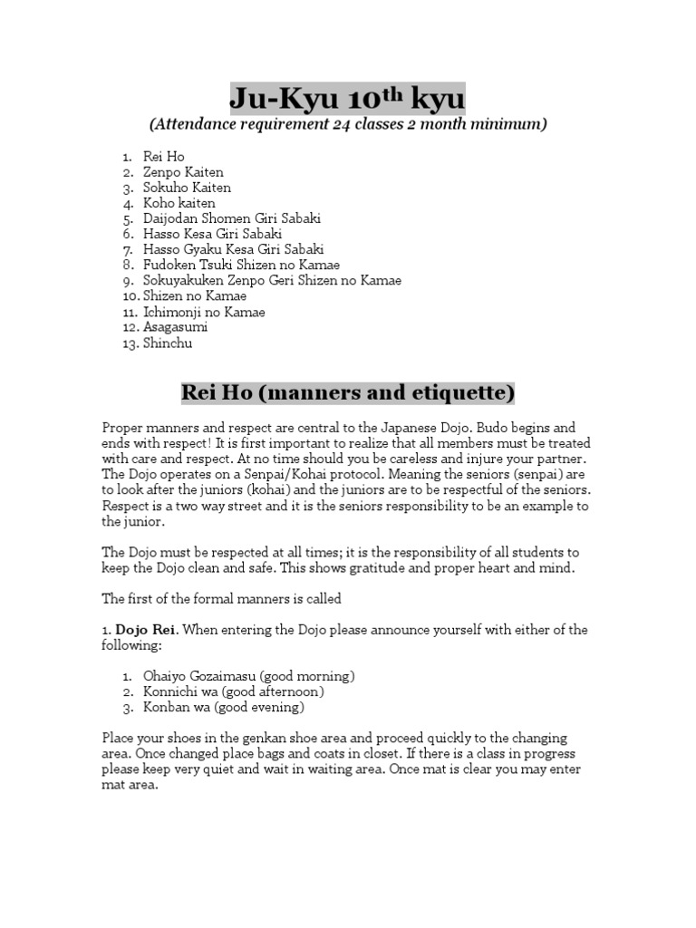 10th Kyu Description For Manual | PDF | Combat Sports | East Asian ...