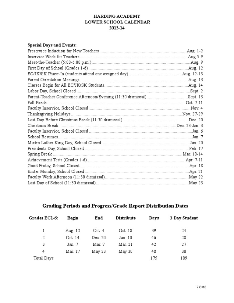 Calendar Lower School 2013-2014 | PDF