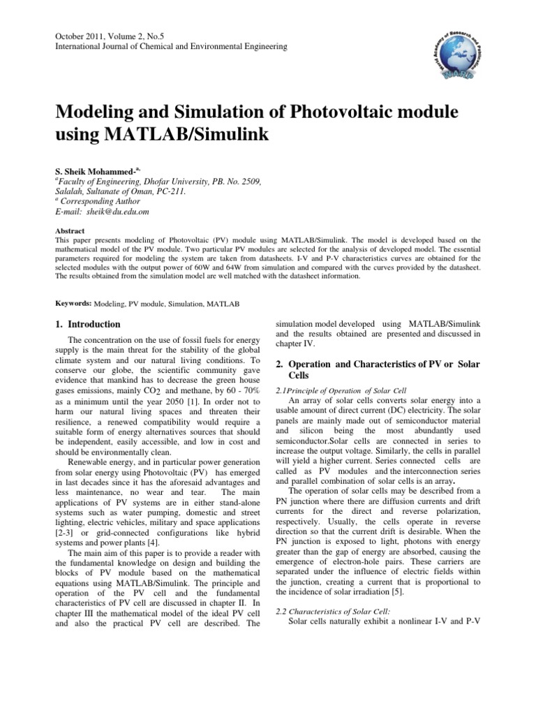 PV Module Modeling with MATLAB/Simulink | PDF | Photovoltaics | Solar Cell