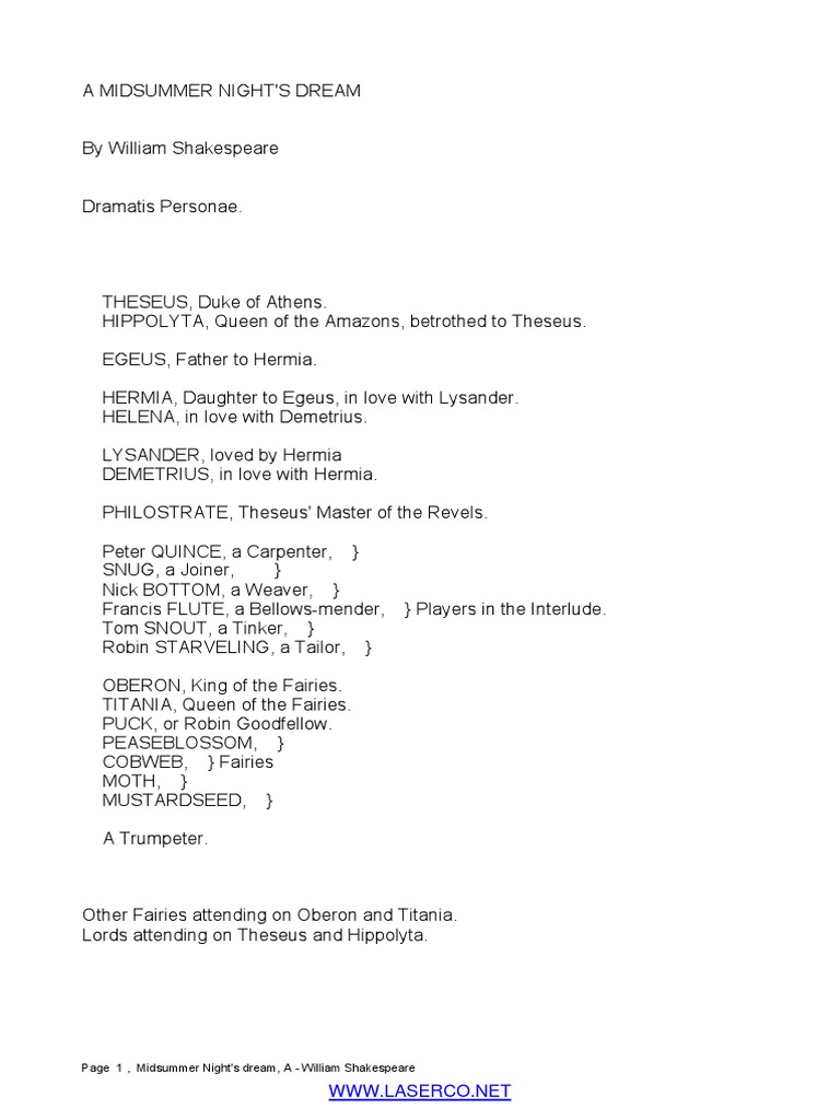 Shakespeare's A Midsummer Night's Dream Summary | PDF | A Midsummer ...