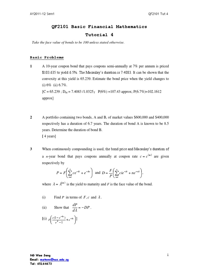 QF2101 Financial Mathematics Tutorial 4 | PDF | Bond Duration | Fixed ...
