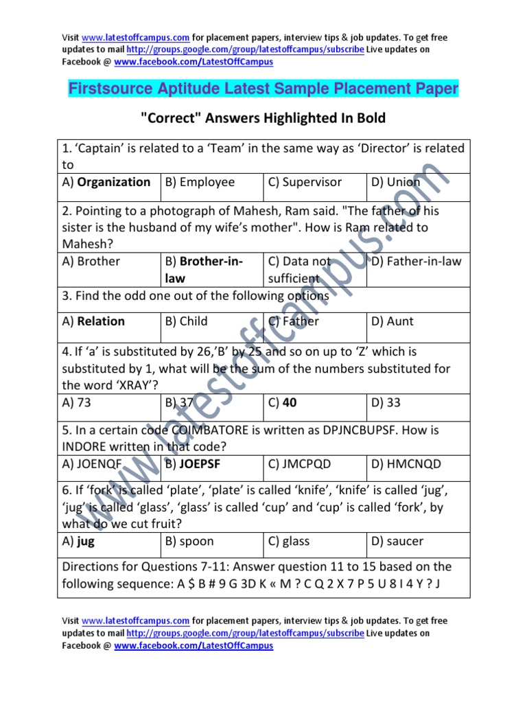 Firstsource Sample Aptitude Placement Paper | PDF | Alphabet | Symbols