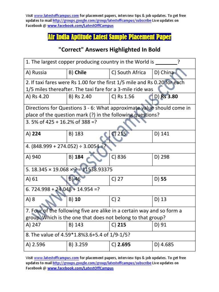 Air India Aptitude Test Sample Paper | PDF | Teaching Mathematics ...