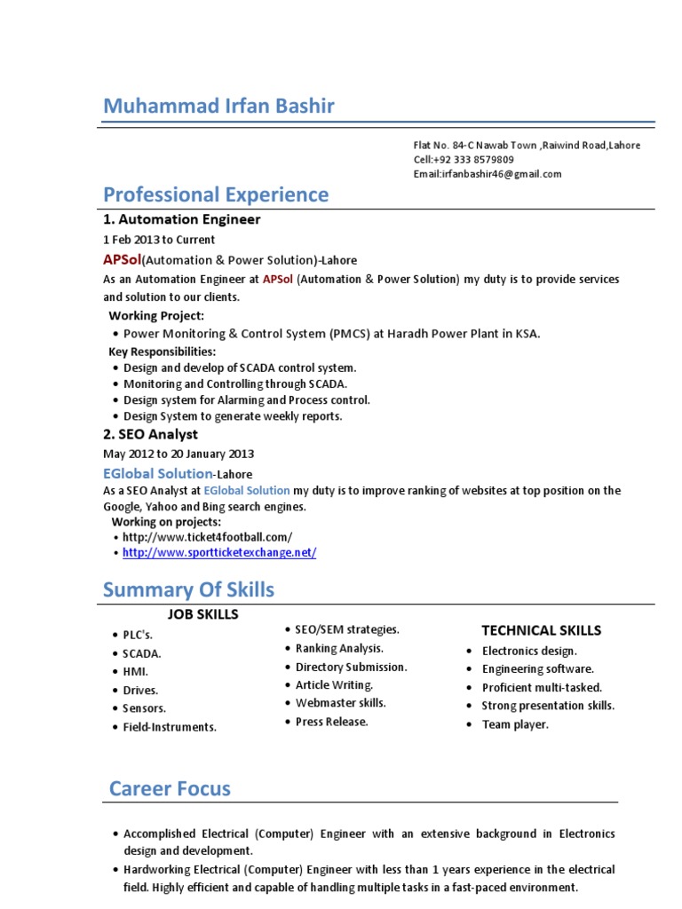 CV - COMPUT - ENGINEER - (Irfan Bashir) PDF | PDF | Automation | Scada