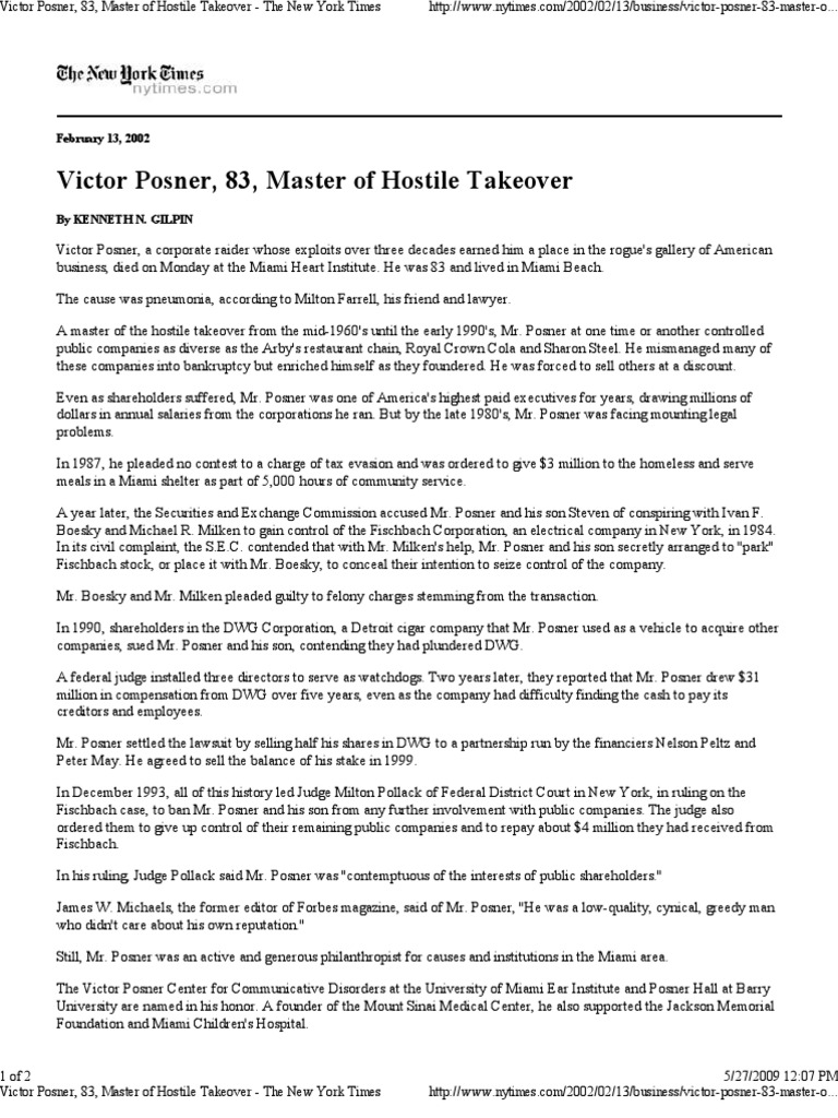 Victor Posner, 83, Master O... | PDF | Companies | Business