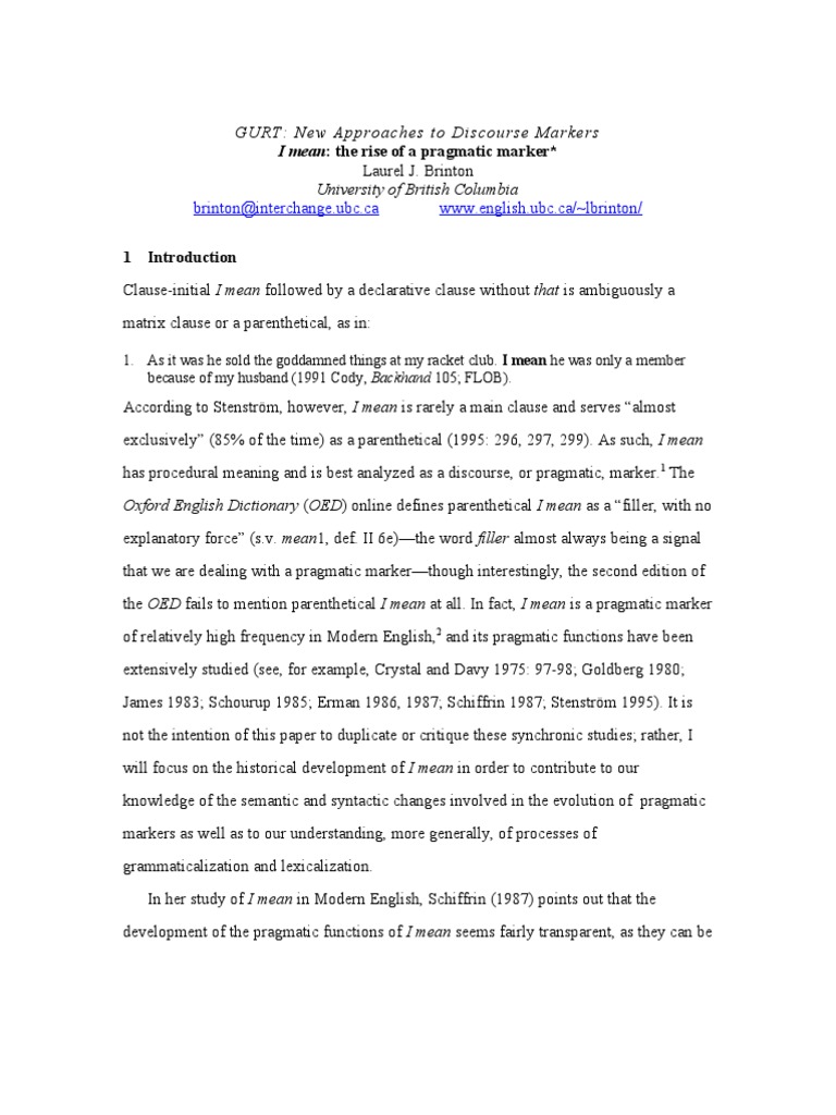 Historical Pragmatics and The Diachronic Study of Pragmatic Marker ...