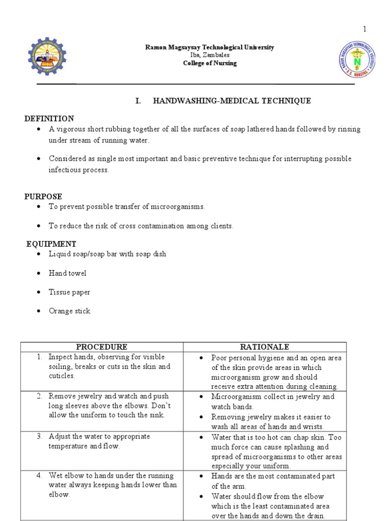 I. Handwashing-Medical Technique: Ramon Magsaysay Technological ...