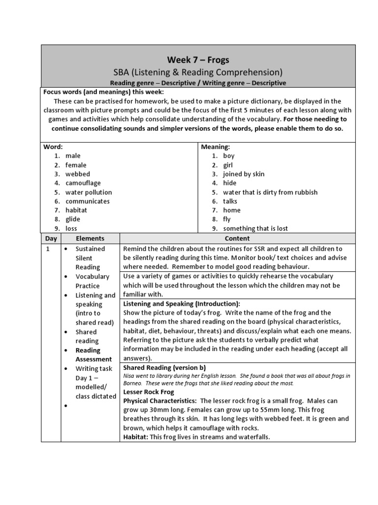 SBA (Listening & Reading Comprehension) : Week 7 - Frogs | PDF | Frog ...