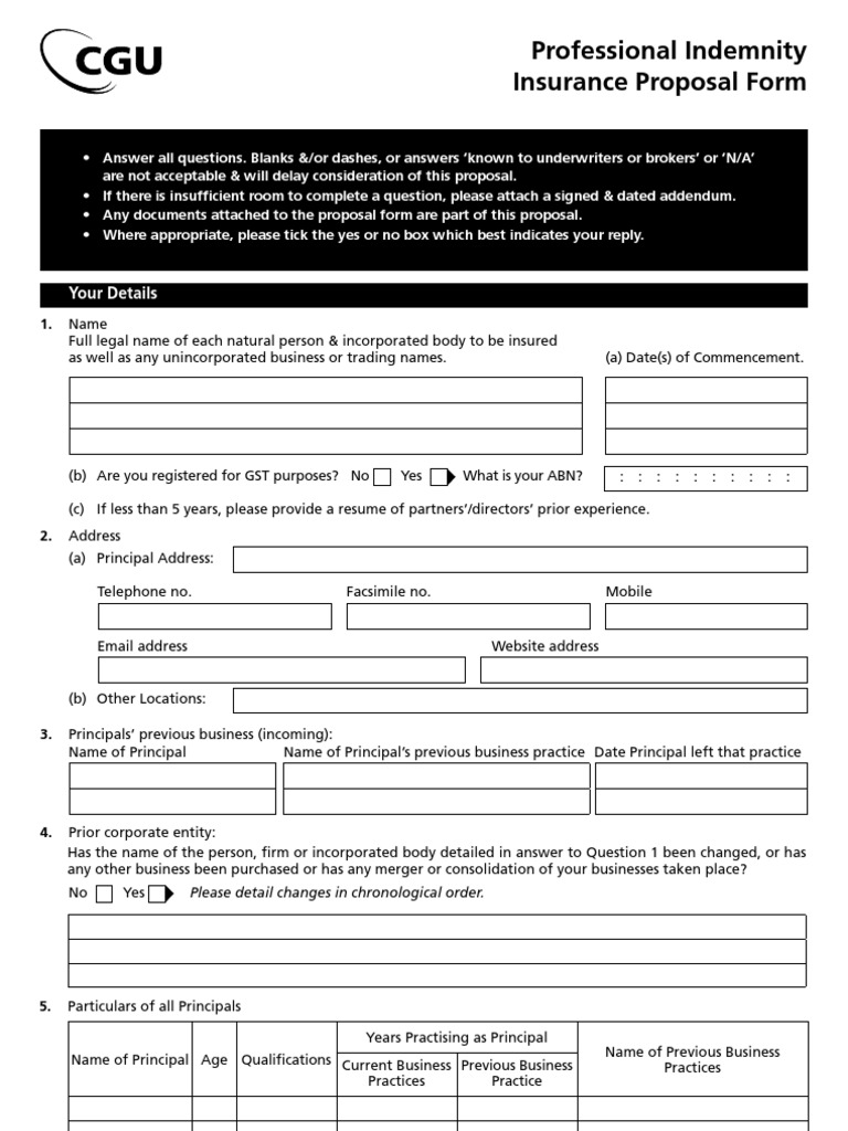 Cgu Miscellaneous Professional Indemnity Insurance Proposal | PDF ...