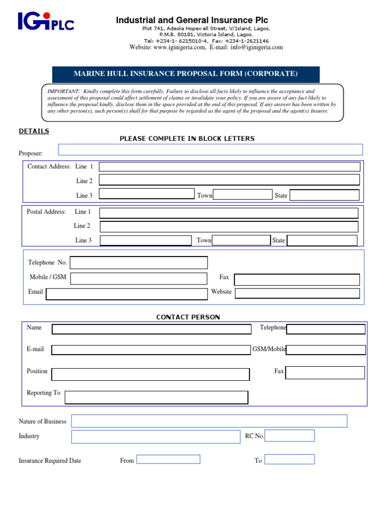 Marine Hull Insurance Proposal Form | PDF | Insurance | Industries