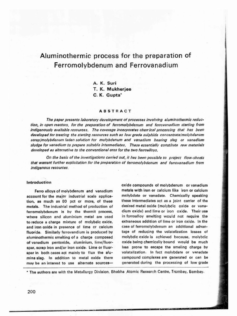 Aluminothermic Process For The Preparation of Ferromolybdenum and ...