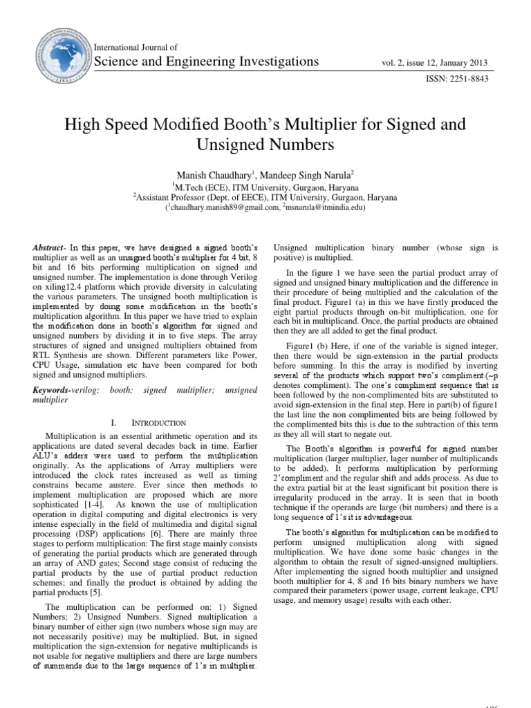 High Speed Modified Booth's Multiplier For Signed and Unsigned Numbers ...