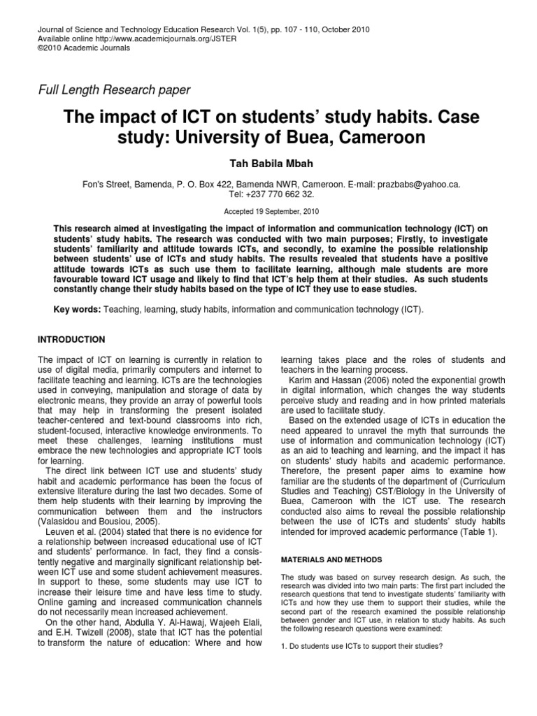 The Impact of ICT On Students' Study Habits. Case Study: University of ...