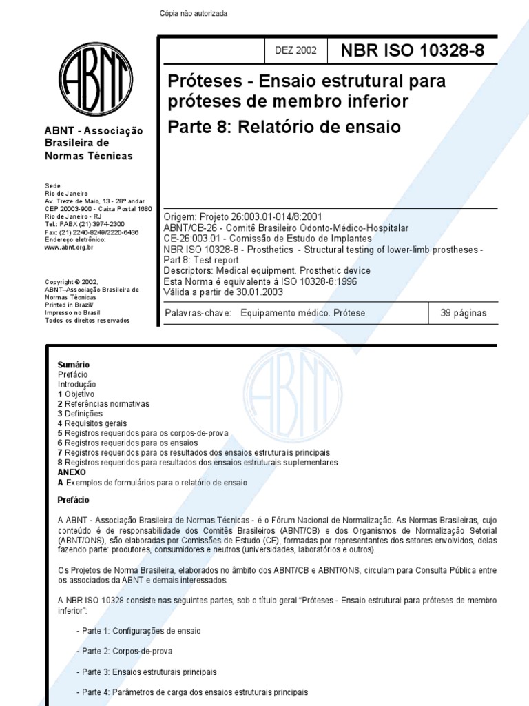 NBR ISO 10328 - Proteses - Ensaio Estrutural para Proteses de Membro ...