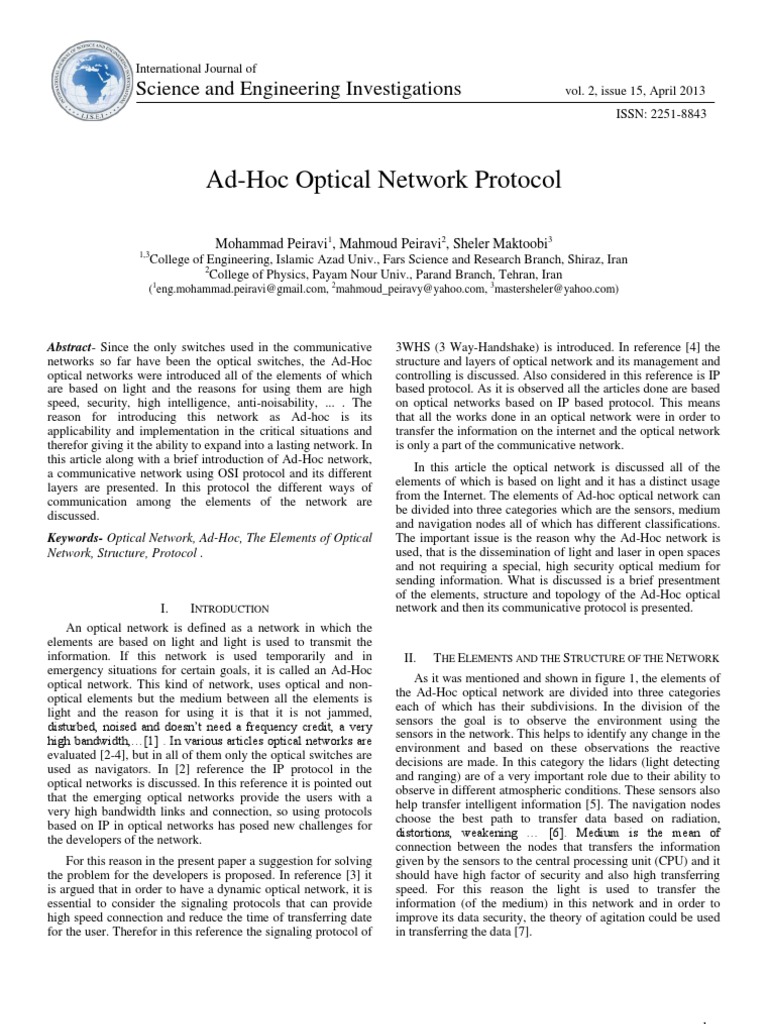Ad-Hoc Optical Network Protocol | PDF | Communications Protocols ...