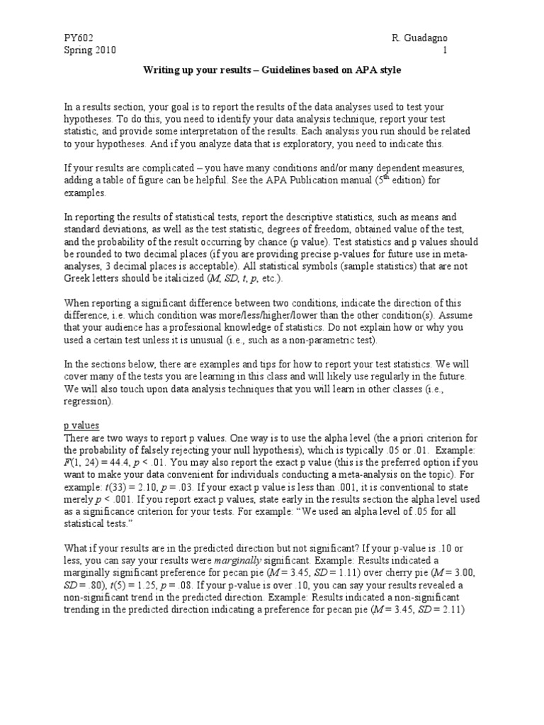 Writing Up Your Results - APA Style Guidelines | PDF | P Value ...