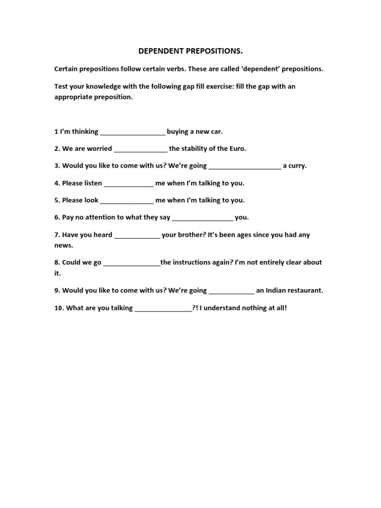 Dependent Prepositions Exercises | PDF | Preposition And Postposition ...