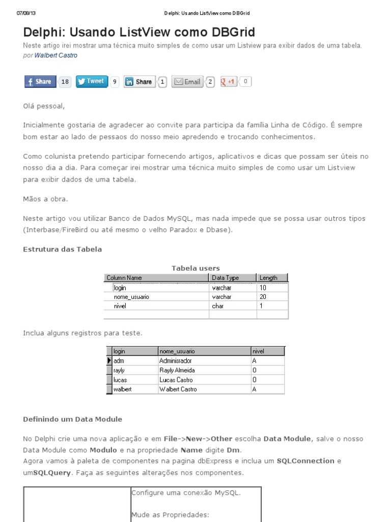 (Delphi) Usando ListView Como DBGrid PDF | PDF | Tabela (banco de dados ...