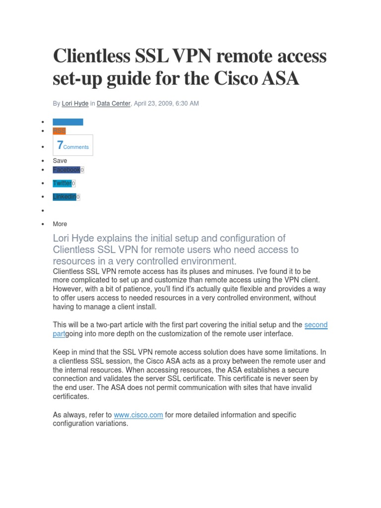 Clientless SSL VPN Remote Access Set-Up Guide For The Cisco ASA | PDF | Transport Layer Security ...
