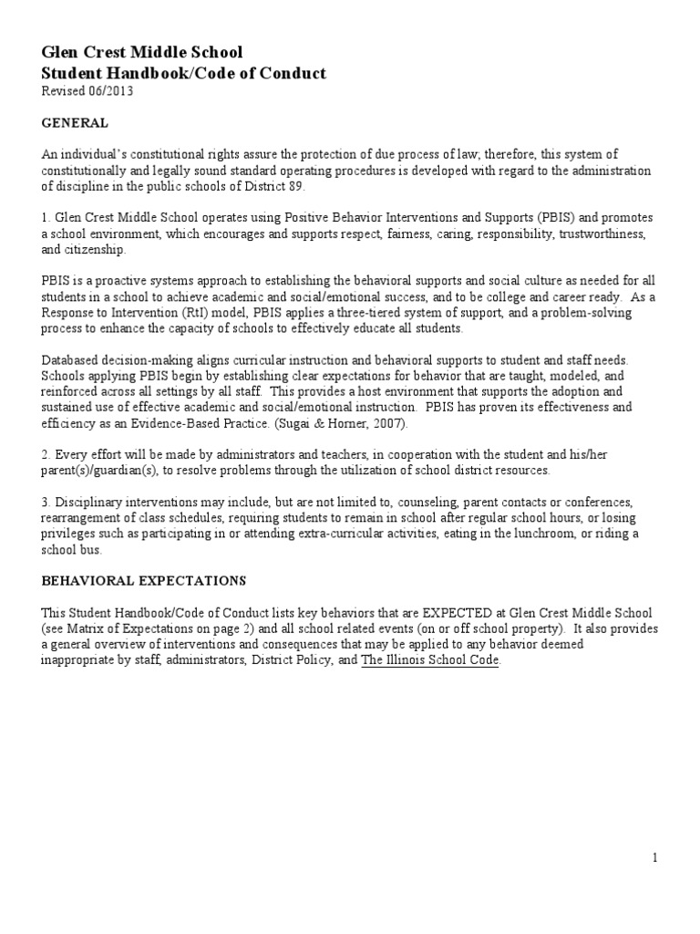 Glen Crest Middle School Student Handbook/Code of Conduct: General ...