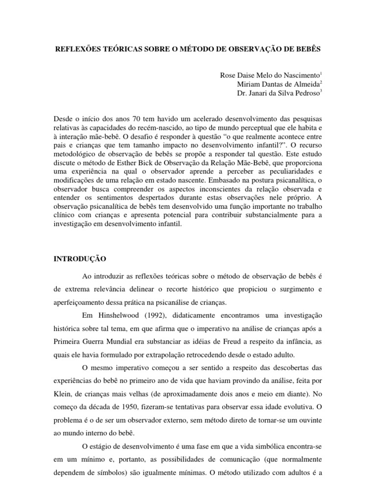 Método Bick de Observação Mãe-Bebê | PDF | Método científico | Psicanálise