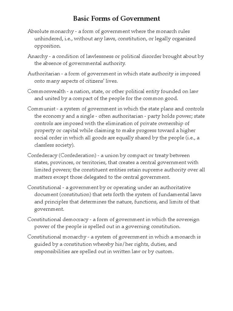 Basic Forms of Government | PDF | Forms Of Government | Monarchy