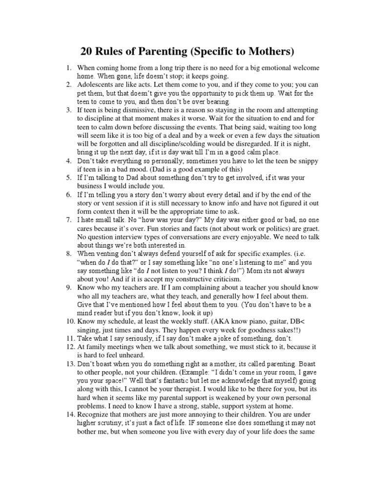 20 Rules of Parenting (Specific To Mothers) | PDF | Parenting ...