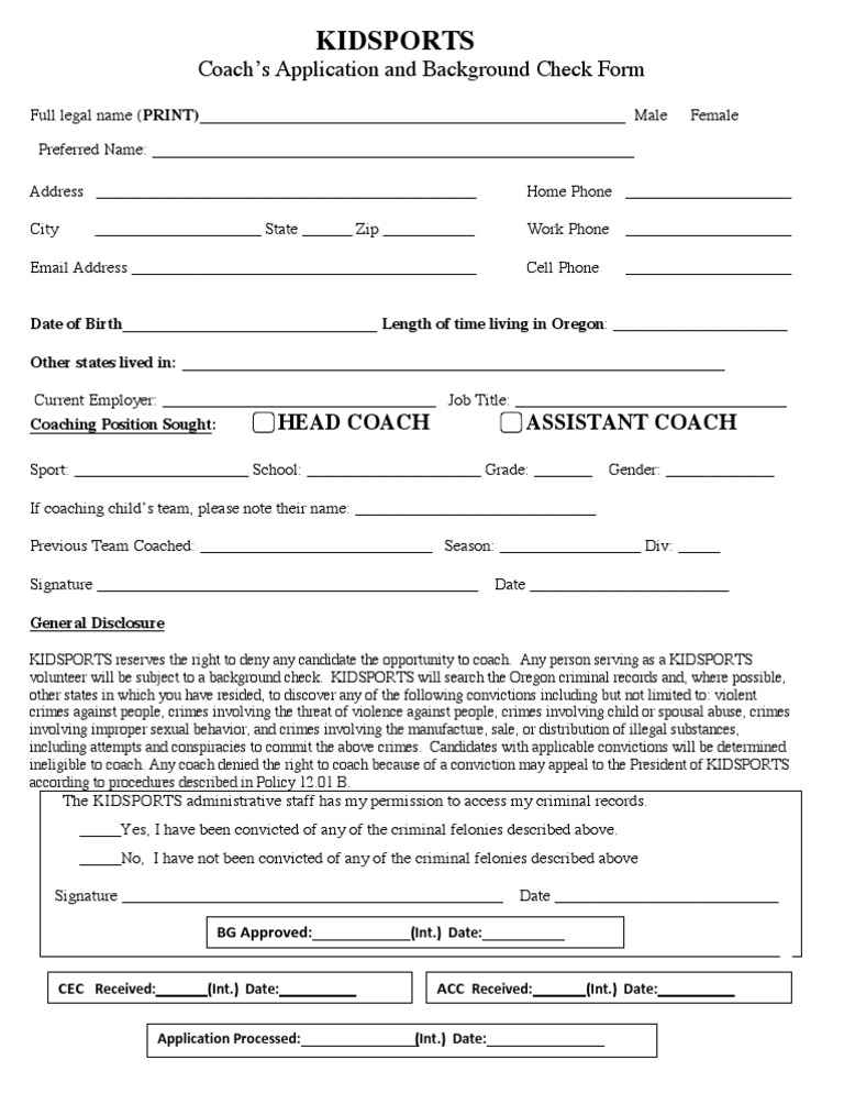 Kidsports: Coach's Application and Background Check Form | PDF ...
