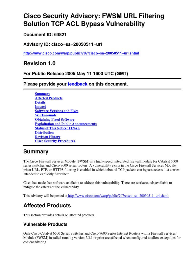 Cisco Security Advisory: FWSM URL Filtering Solution TCP ACL Bypass ...