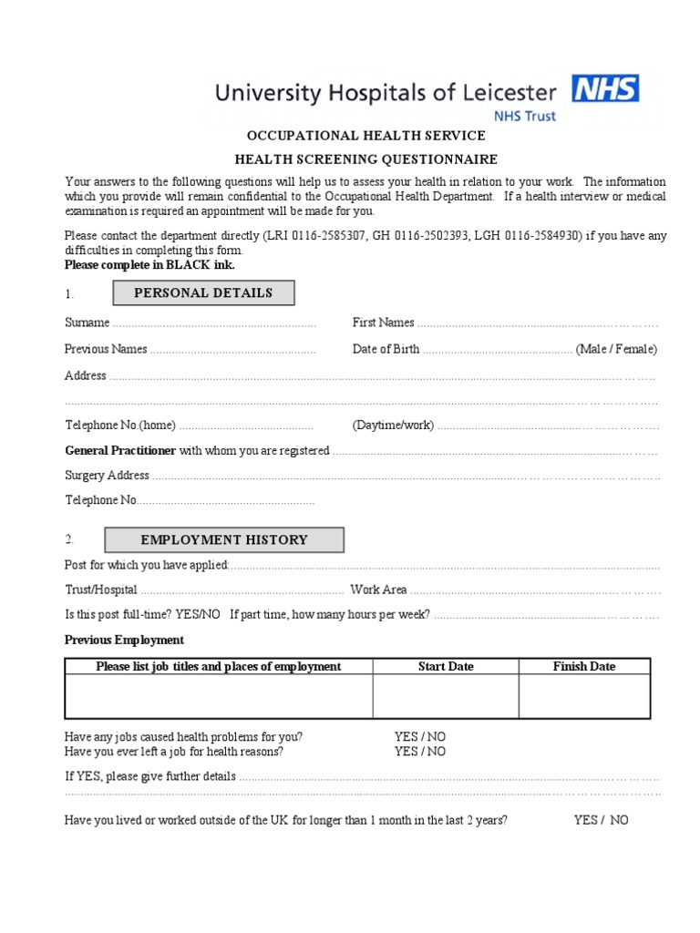 Occupational Health (Health Screening Questionnaire) | PDF ...