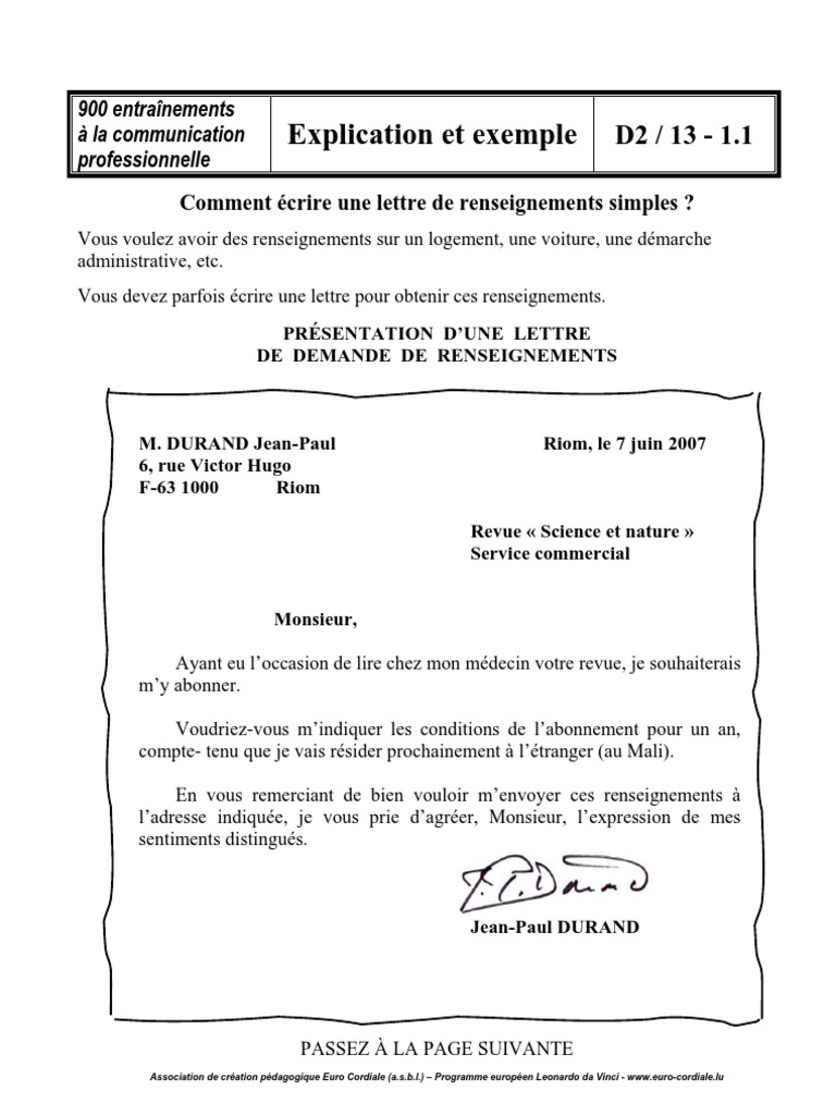 Lettre Pour Demander Des Renseignements | PDF