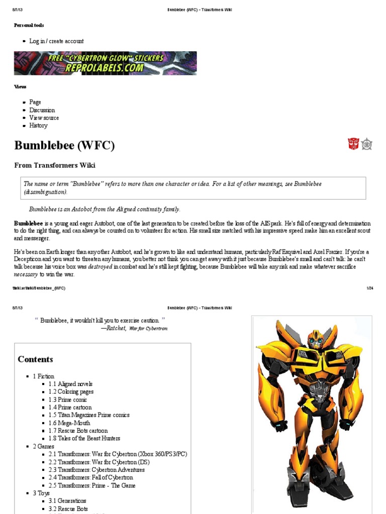Bumblebee: WFC Autobot Profile | PDF