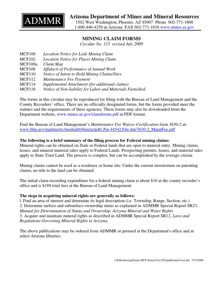Arizona Mining Claim Filing Guide | PDF | Bureau Of Land Management ...