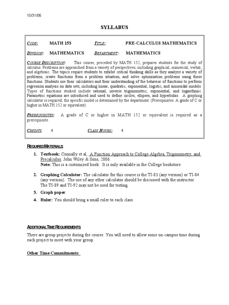 MATH 153 Syllabus | PDF | Trigonometric Functions | Exponential Function