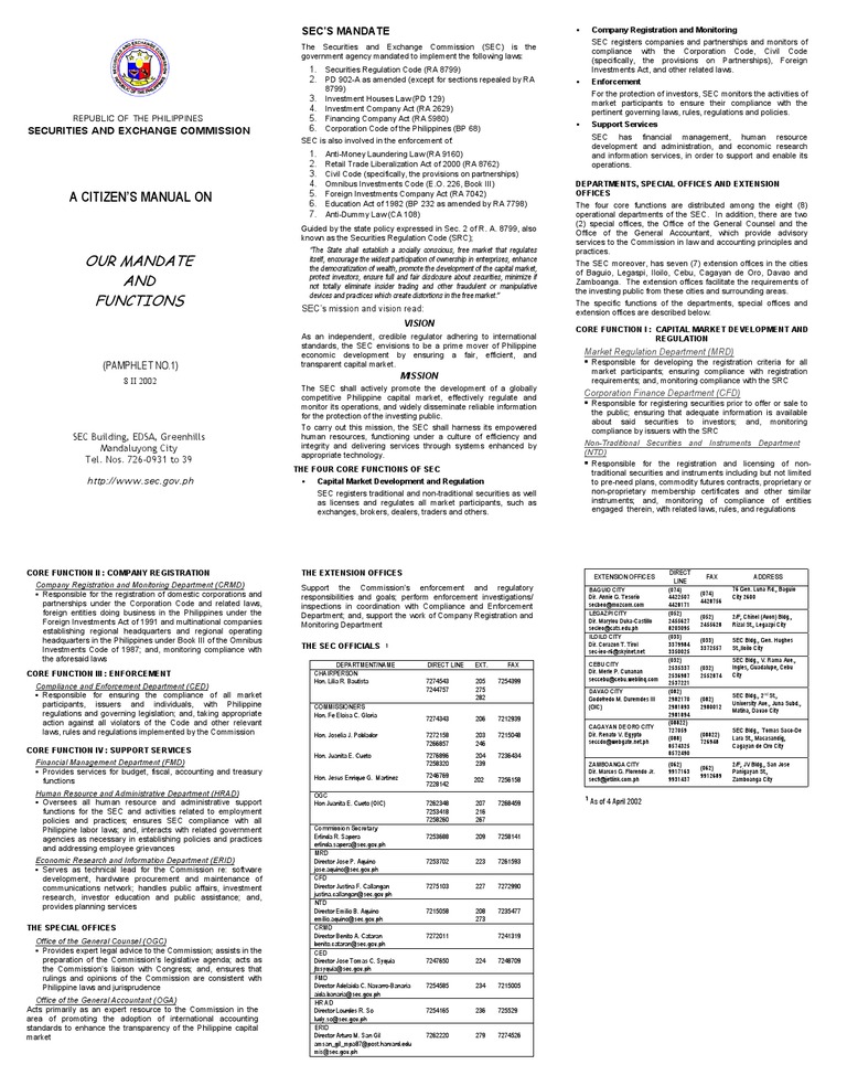 Philippine SEC Mandate and Functions | U.S. Securities And Exchange ...