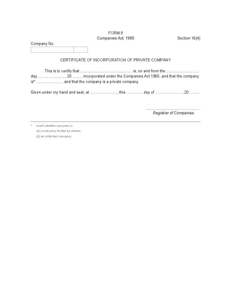 Form 9 Certificate of Incorporation of Private Company | PDF